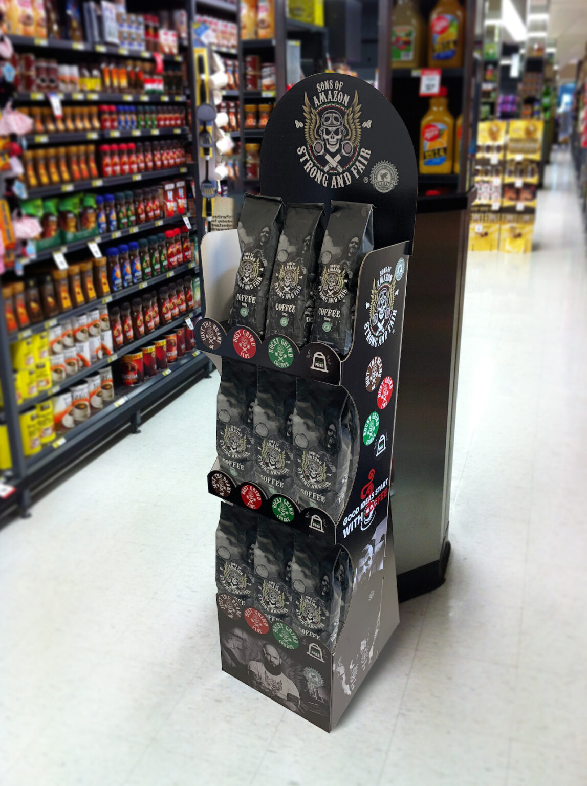 Cardboard product display stands for coffee brands in IGA